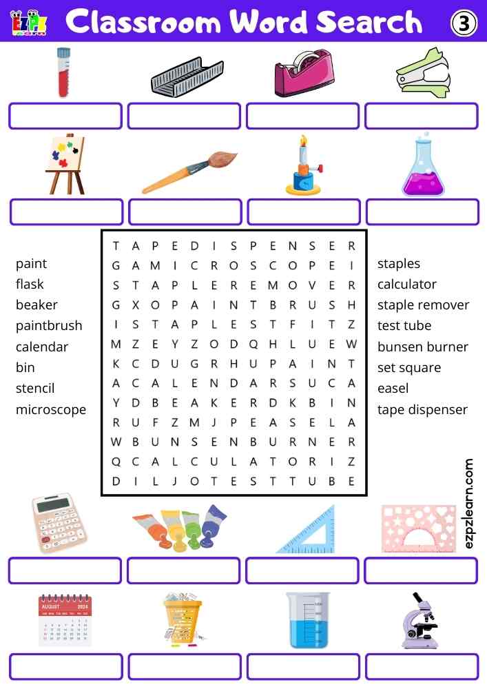 Classroom Objects Word Search Worksheet – Fun School Vocabulary Activity Set 3 PDF Download ...